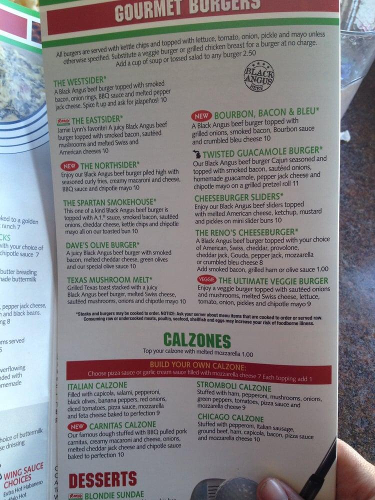 Menu at Reno's North Sports Bar, Lansing, Old U.S. 27