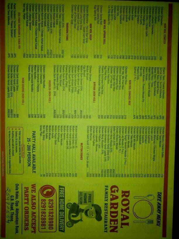 Menu at Royal Garden, Thane, Bhyander Pada Ghodbunder Road