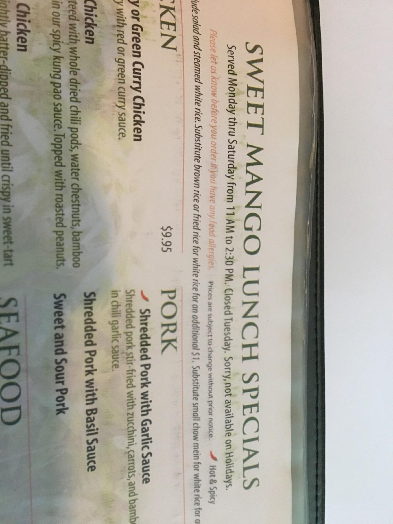 Menu at Sweet Mango restaurant, San Jose