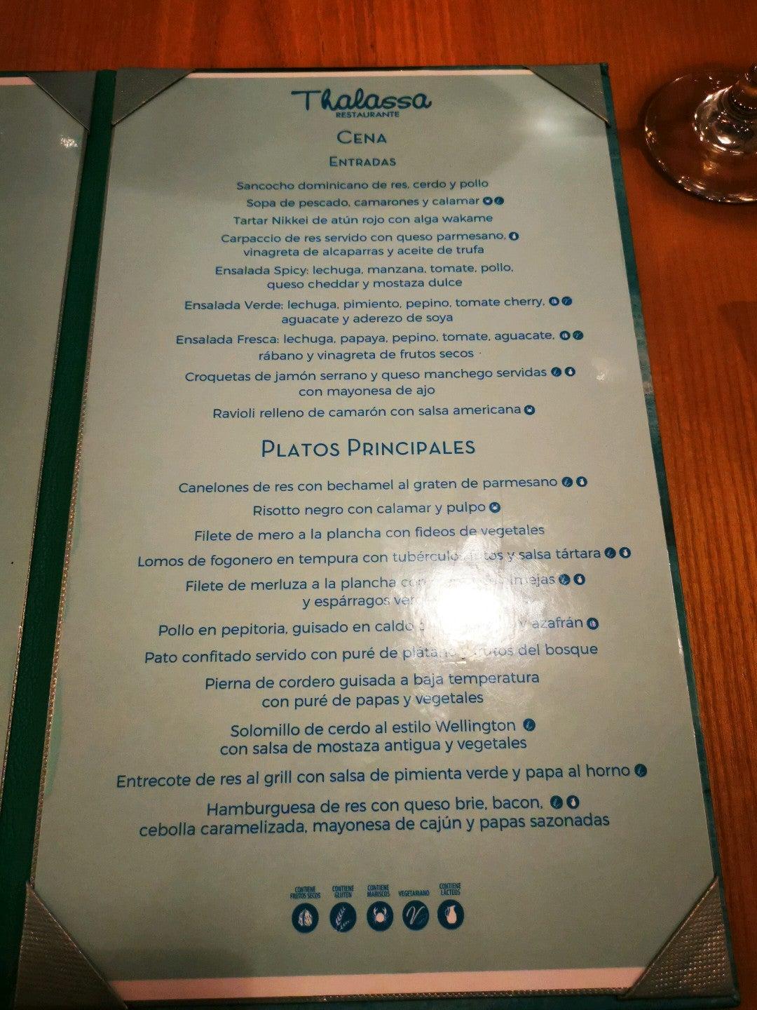 Menu at Thalassa restaurant, Punta Cana, JMQ3+MG