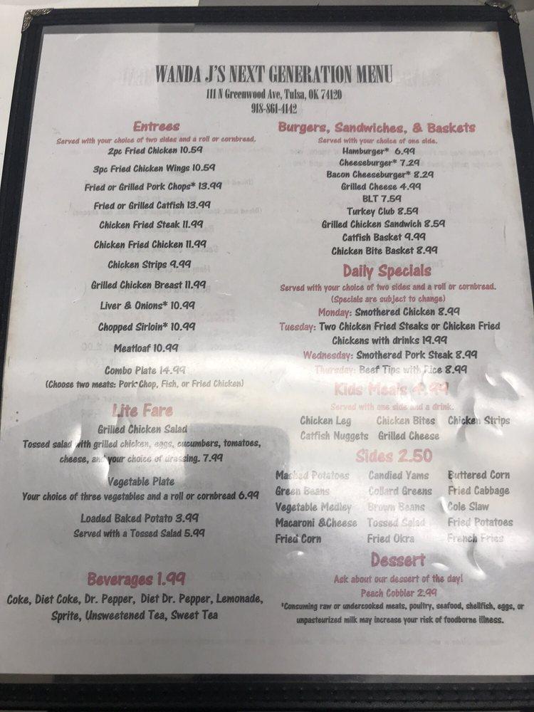 Menu at Wanda J's Next Generation Restaurant, Tulsa