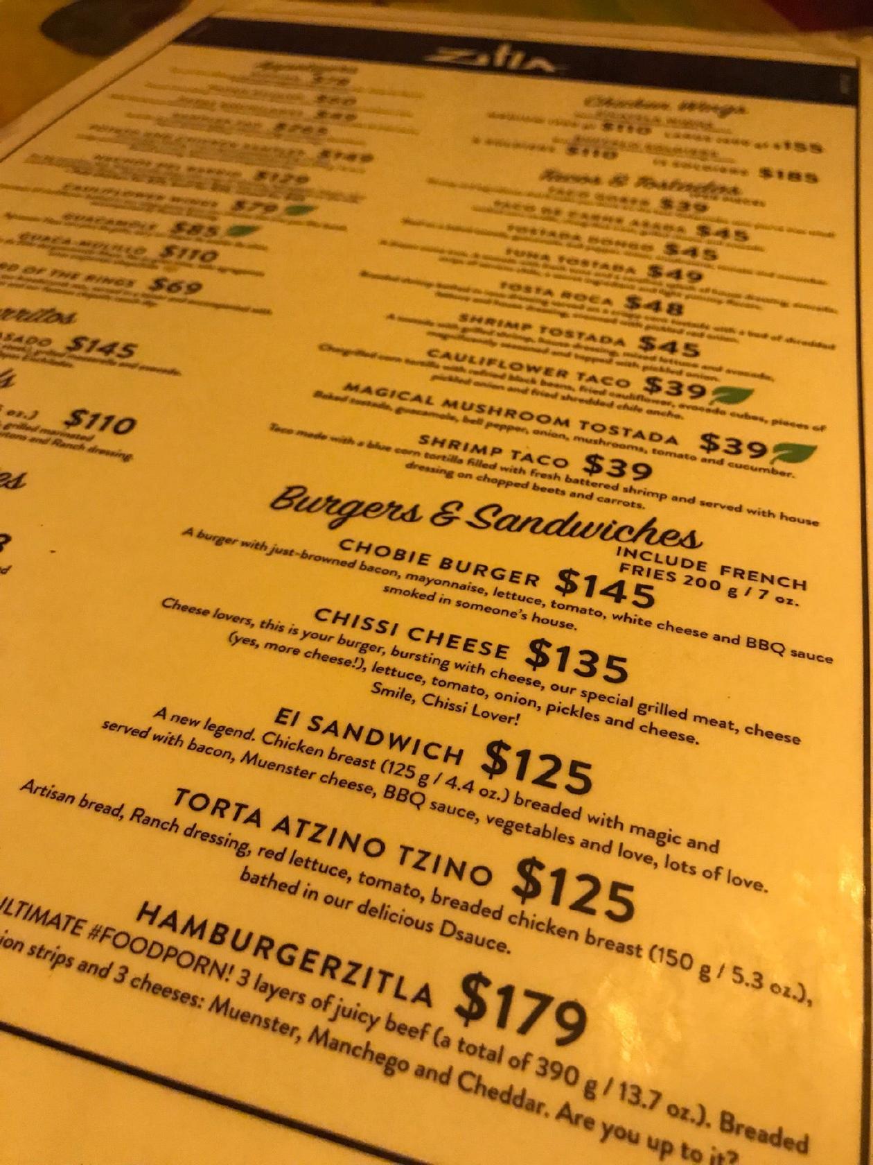 Menu at Zitla Playa restaurant, Playa del Carmen
