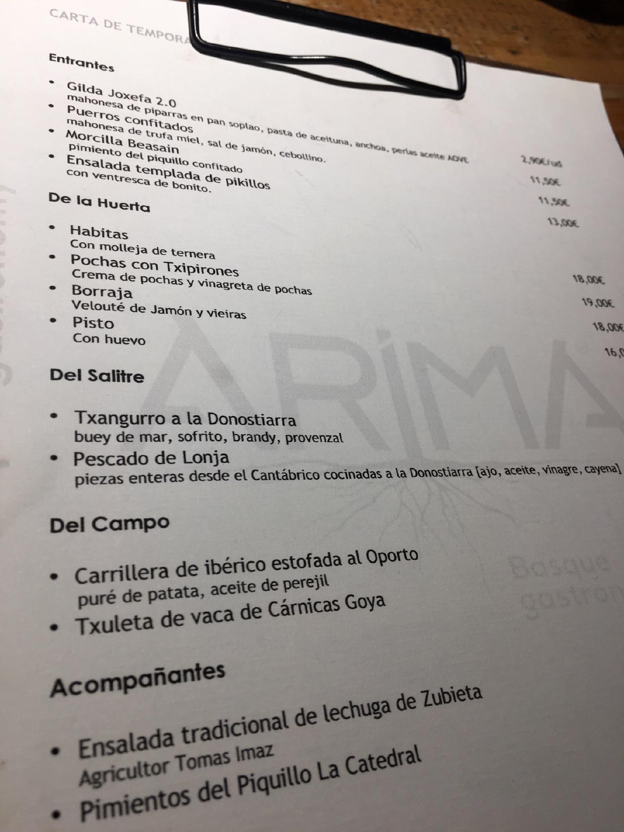 Carta de Restaurante Arima, Madrid
