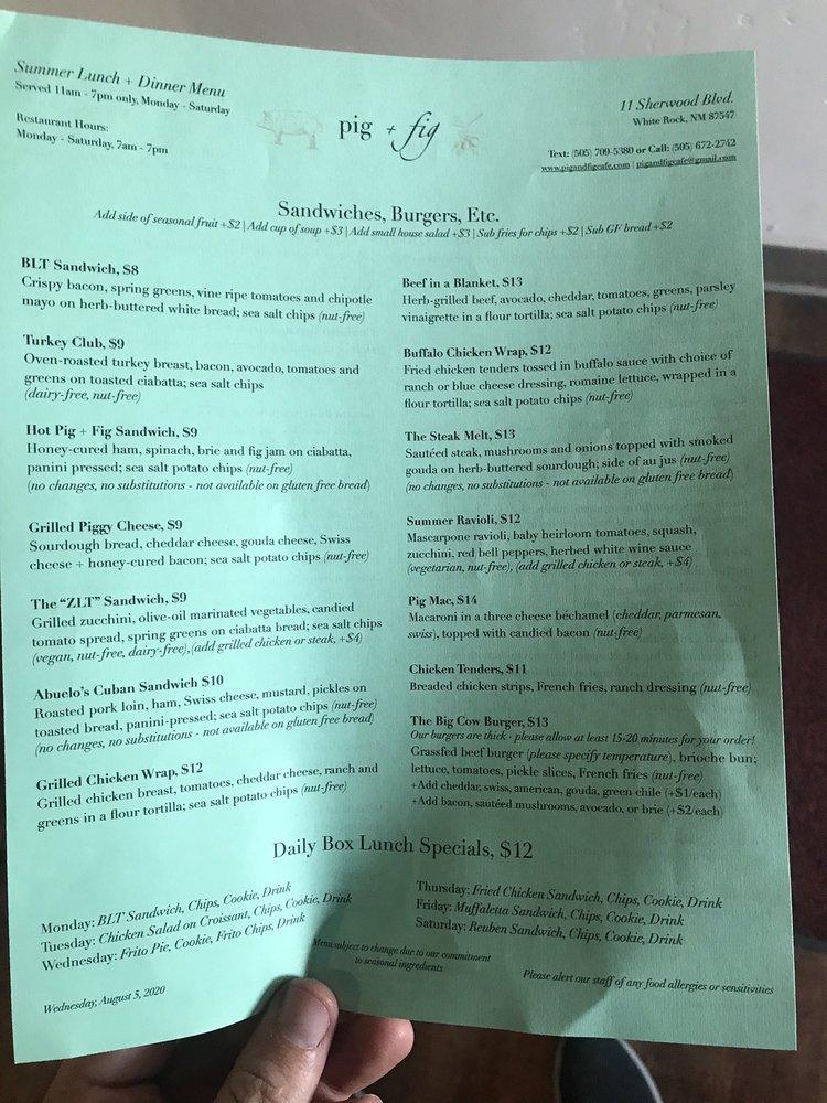 Menu at Pig and Fig Cafe, White Rock