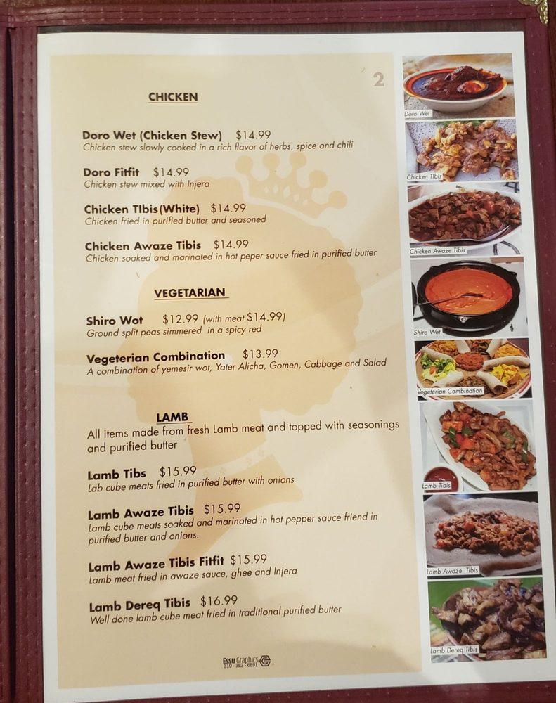 Carta de Queen of Sheba Ethiopian Restaurant, Inglewood
