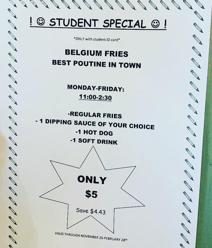 Menu at Belgium Fries restaurant, Stayner
