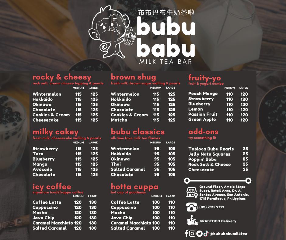 Carta de Bubu Babu Milk Tea Bar, Parañaque