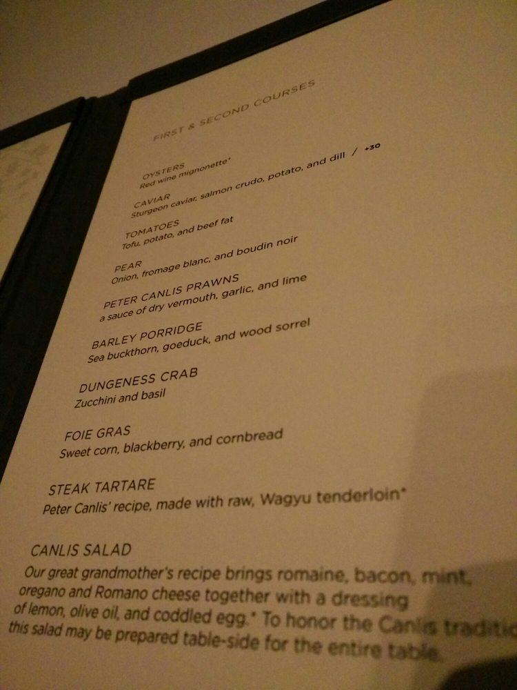 Menu at Canlis restaurant, Seattle