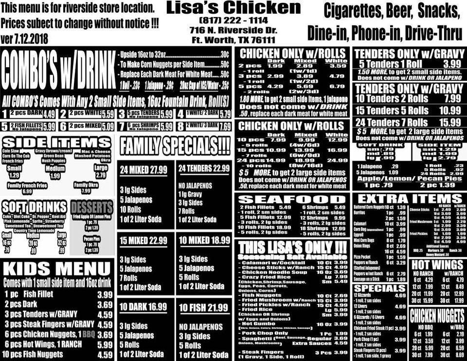 Menu at Lisa's Chicken restaurant, Fort Worth, 716 N Riverside Dr