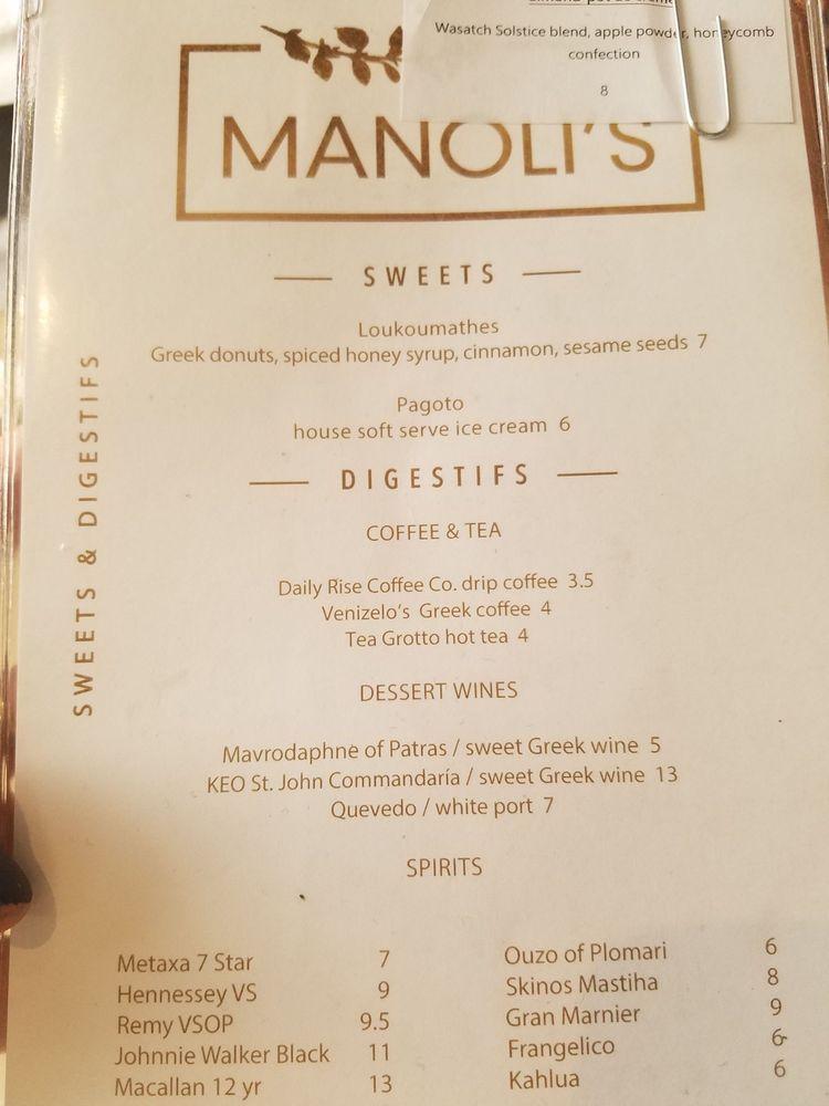 Carta del restaurante Manoli's, Salt Lake City