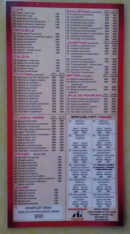 Menu at Panda 011 restaurant, Belgrade