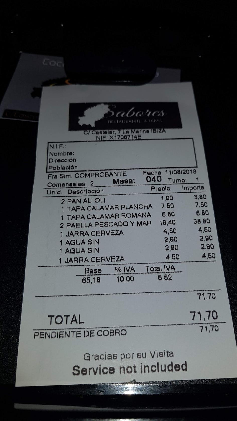 Menu at Sabores restaurant, Ibiza