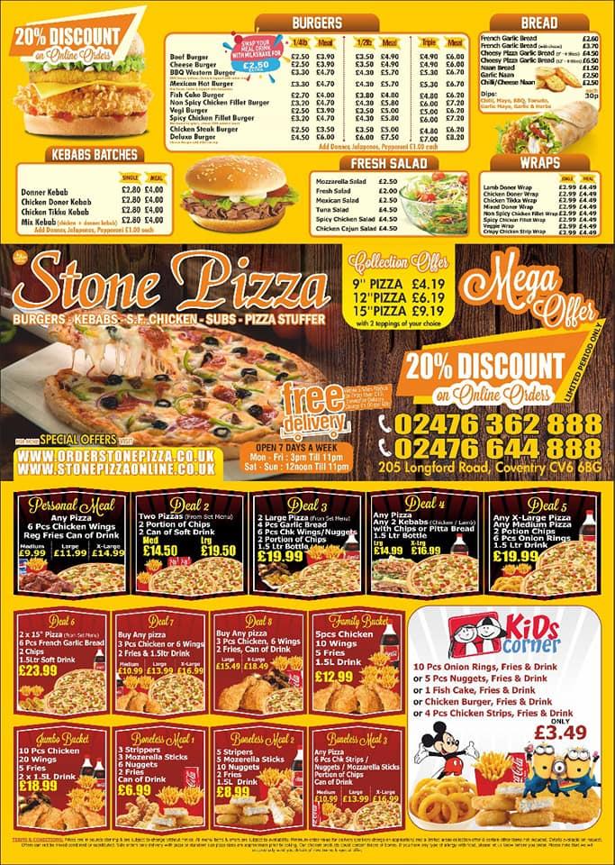 Menu at Stone Pizza pizzeria, Coventry