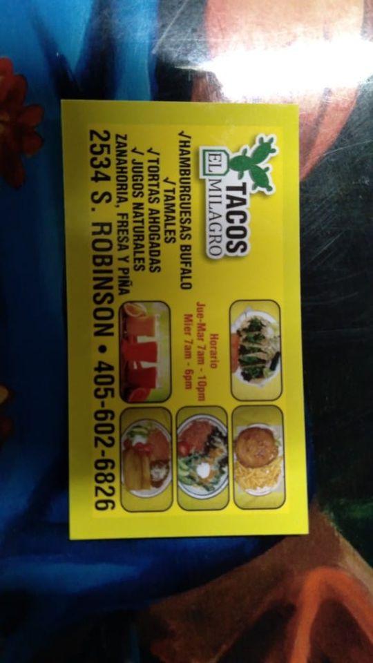Carta del restaurante Tacos "El Milagro", Oklahoma City