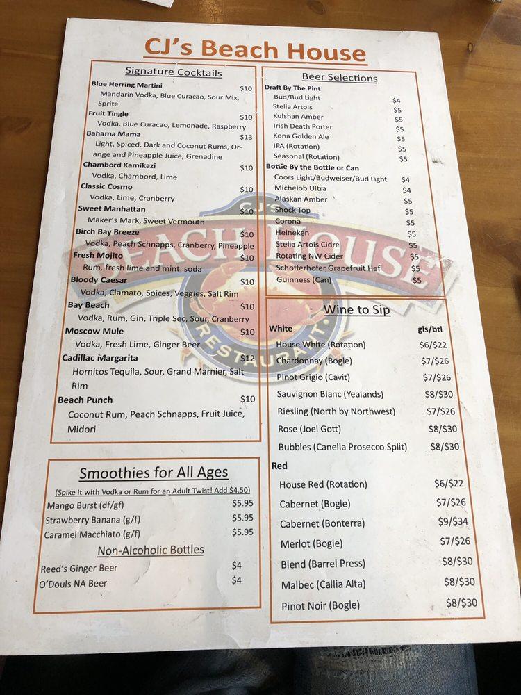 Menu at CJ's Beach House restaurant, Birch Bay