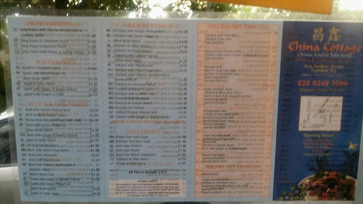 Menu at China Cottage fast food, London, 225 Nether St