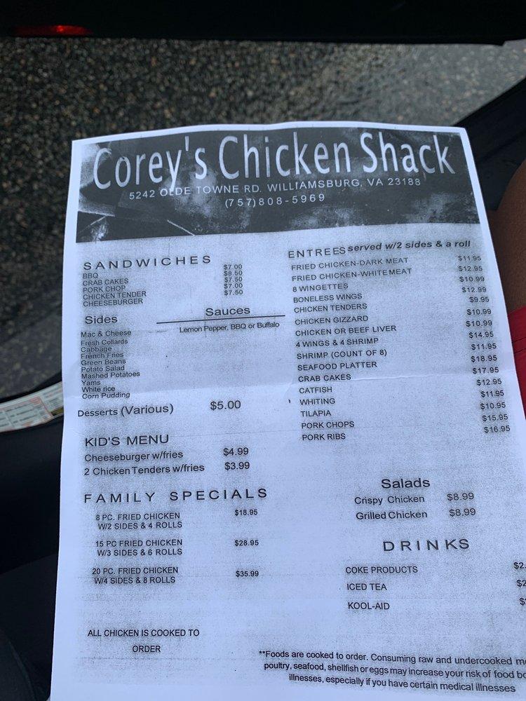 Menu at Corey's Chicken Shack restaurant, Williamsburg, Richmond Rd