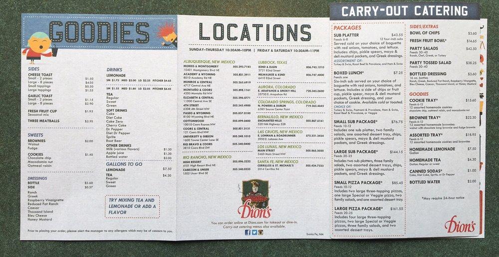 Menu at Dion's Pizza pizzeria, Santa Fe, Cerrillos Rd