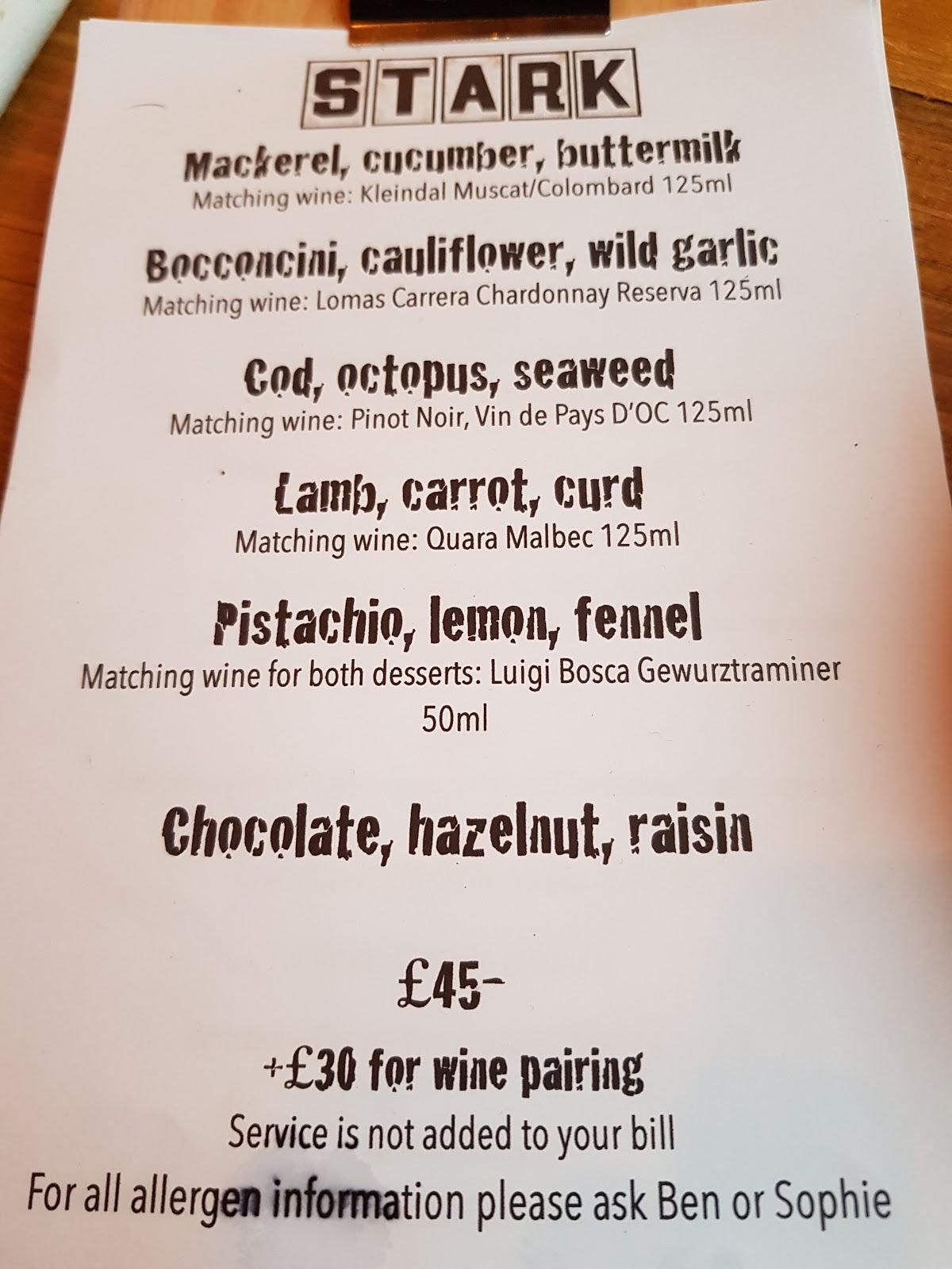 Menu at STARK restaurant, Broadstairs