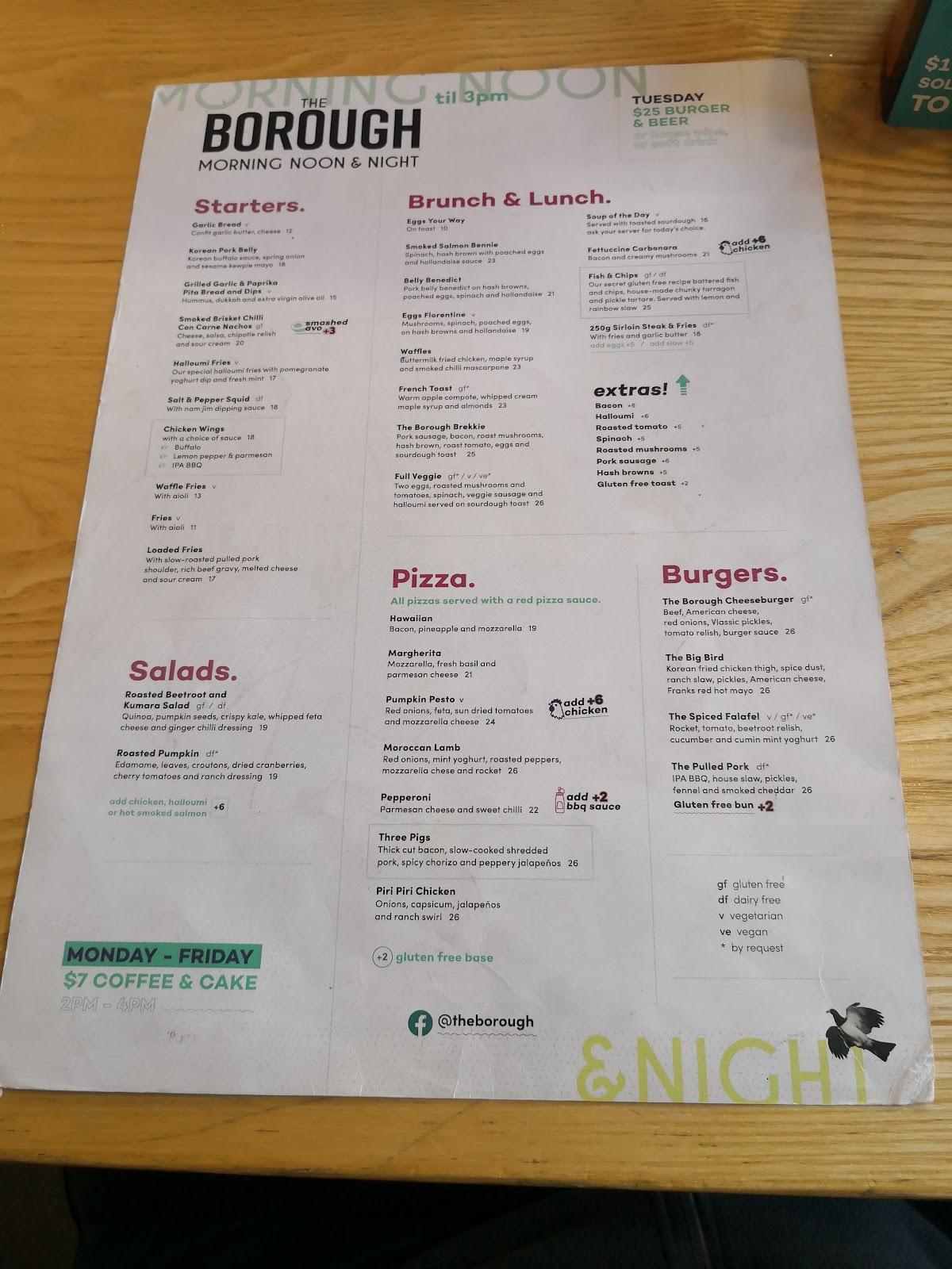 Menu at The Borough restaurant, Wellington