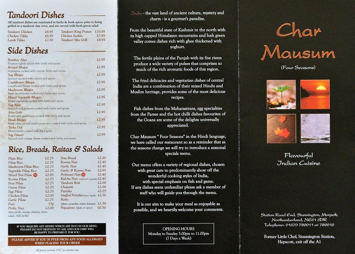 Menu at Char Mausum Indian Restaurant, Morpeth
