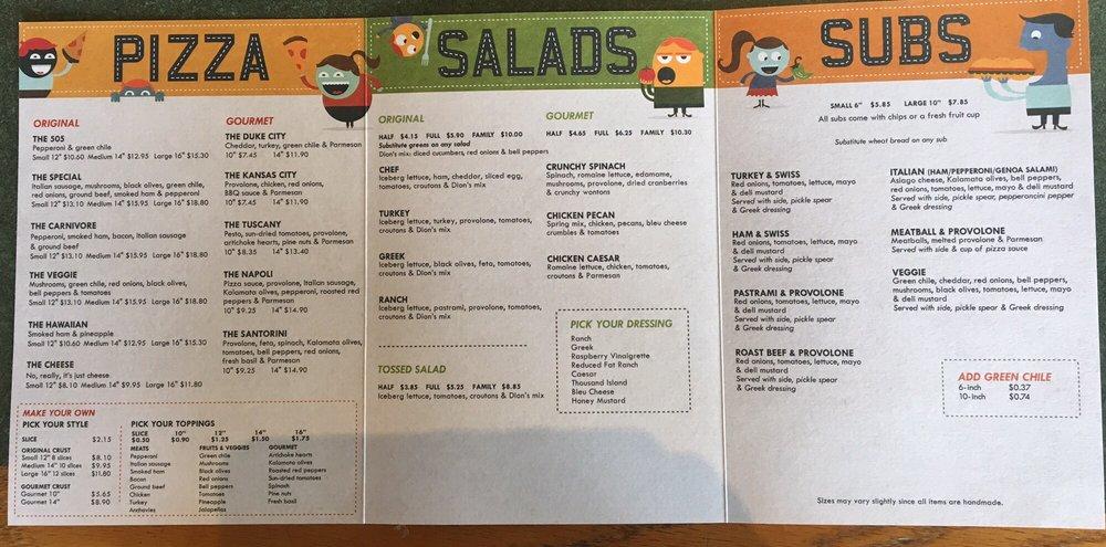 Menu at Dion's pizzeria, Santa Fe, Cerrillos Rd