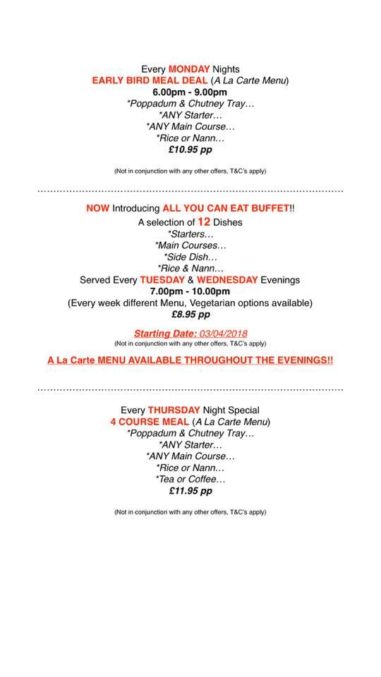 Menu at Indian Vojon restaurant, Lutterworth