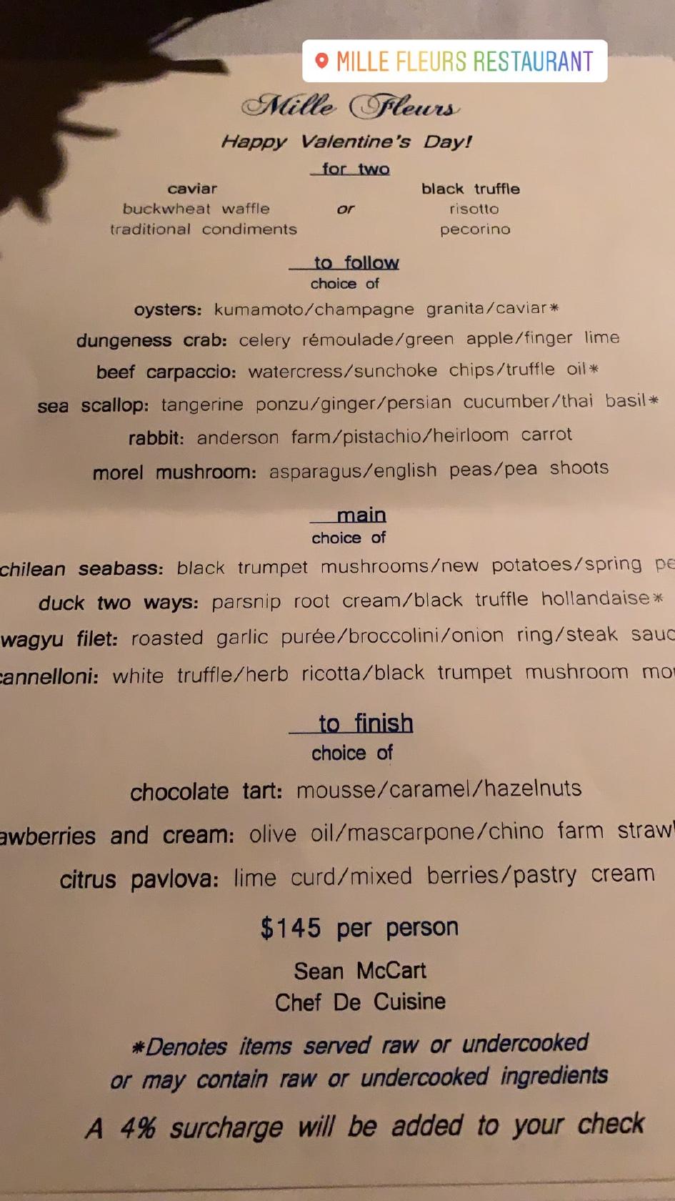 Menu at Mille Fleurs restaurant, Rancho Santa Fe