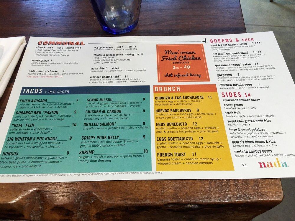 Menu at Nada pub & bar, Indianapolis