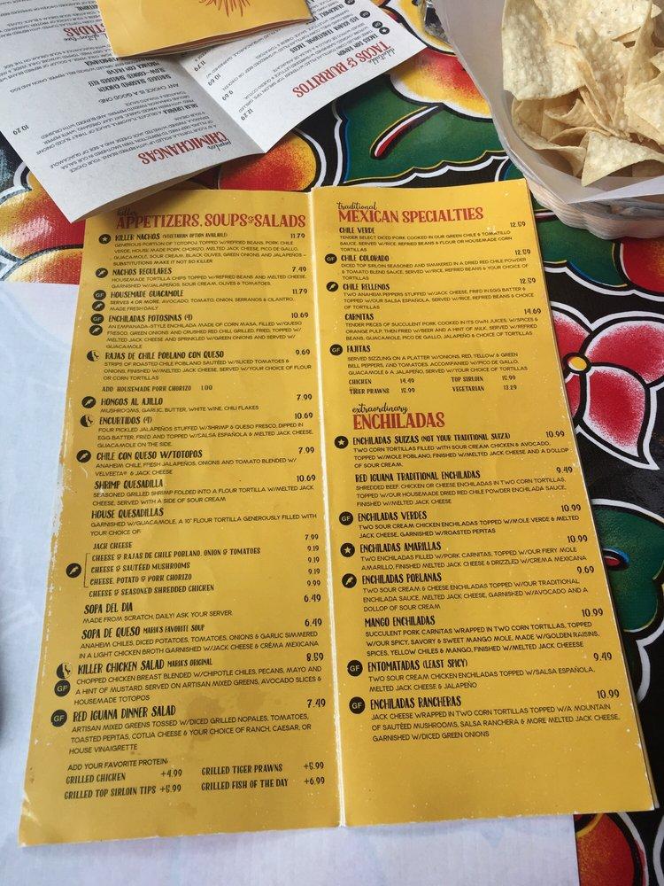 Menu at Red Iguana restaurant, Salt Lake City, 736 W North Temple St