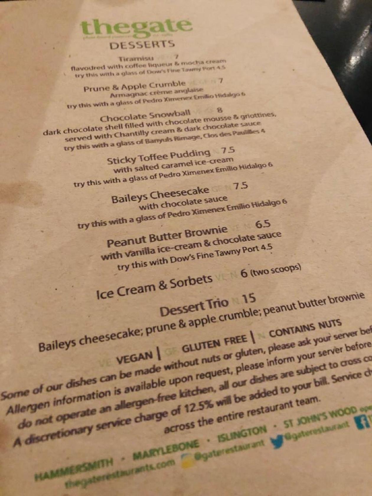 Menu at The Gate Hammersmith restaurant, London, 51 Queen Caroline St