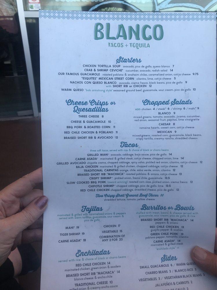 Menu at Blanco Cocina + Cantina pub & bar, Tucson