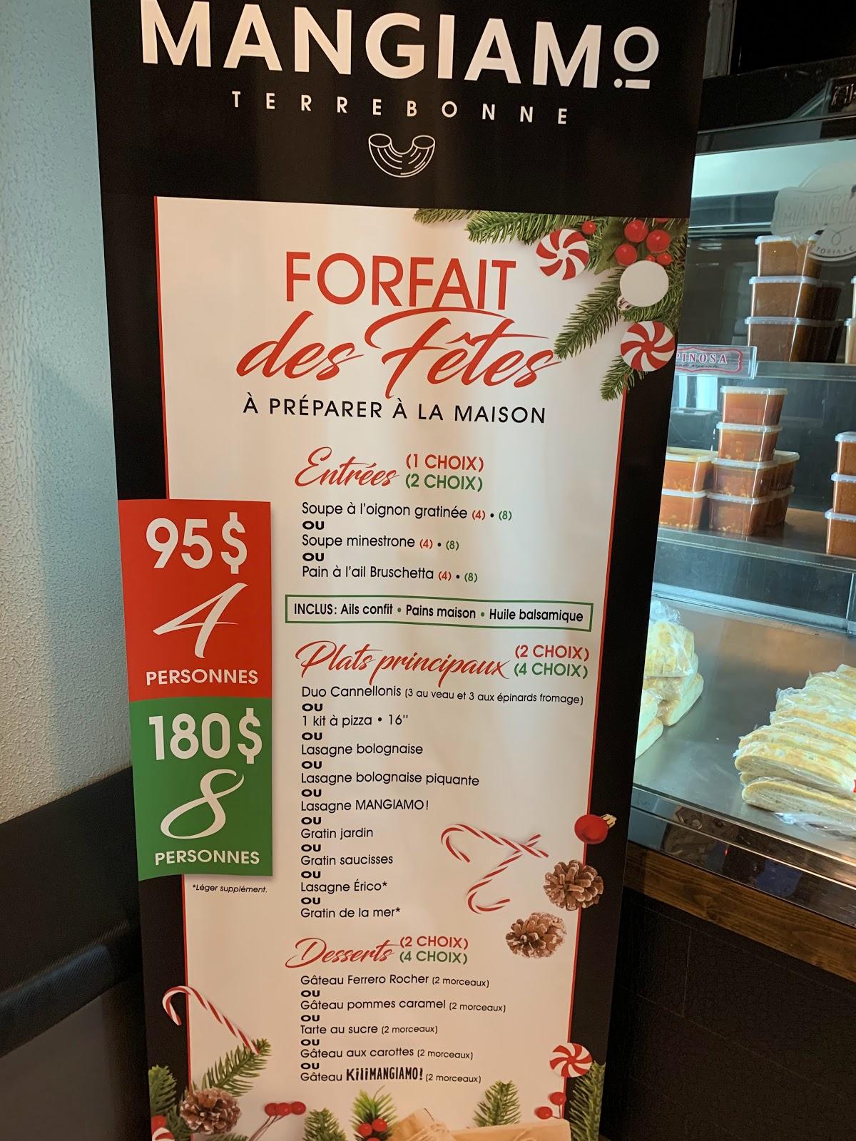 Menu au Mangiamo restaurant, Terrebonne