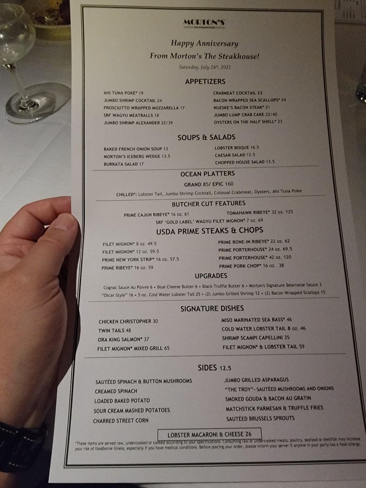 Menu at Morton's the Steakhouse, Saratoga Springs