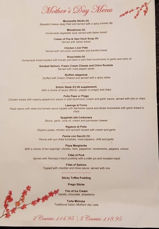 Menu at Prego restaurant, Lanark