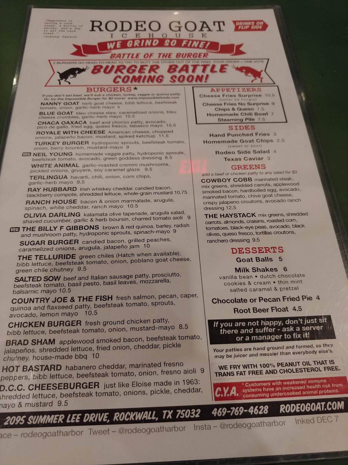 Menu at Rodeo Goat pub & bar, Rockwall