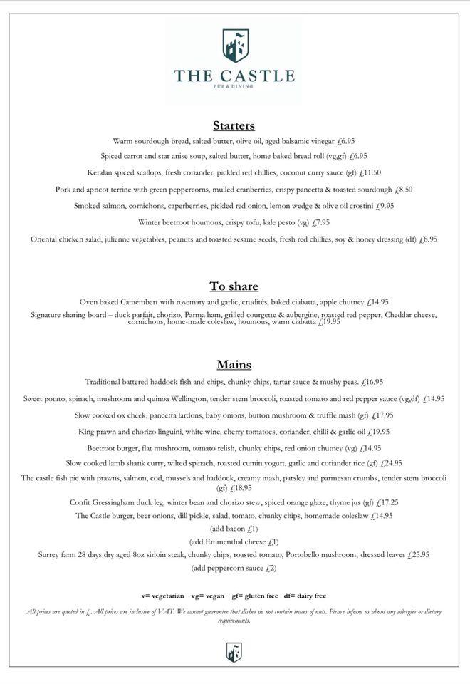 Menu at The Castle Inn- Pub & Dining, Ottershaw, 222 Brox Rd
