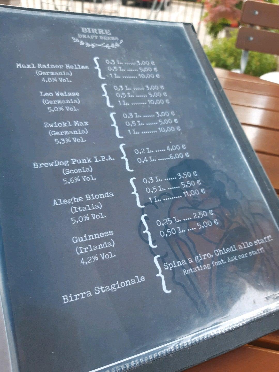 Menu at Beer Stop pub & bar, Maranello