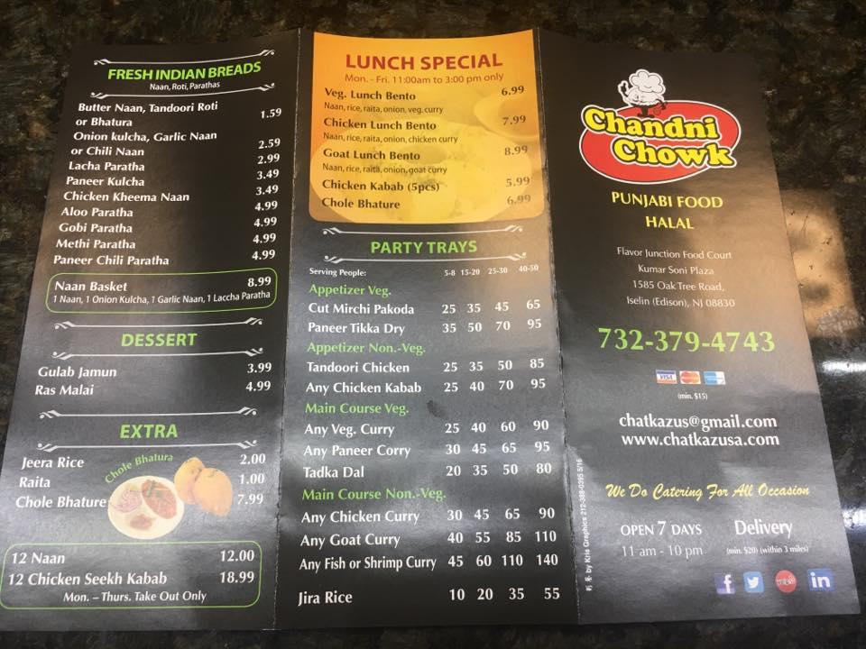 Menu at Chandni Chowk restaurant, Woodbridge Township, Oak Tree Rd