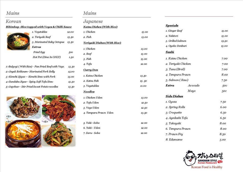 Menu at Gangnam Style Korean Restaurant, Morley
