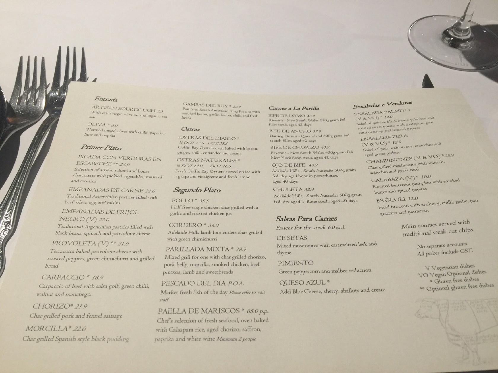 Menu at Gaucho's Argentinian Restaurant, Adelaide