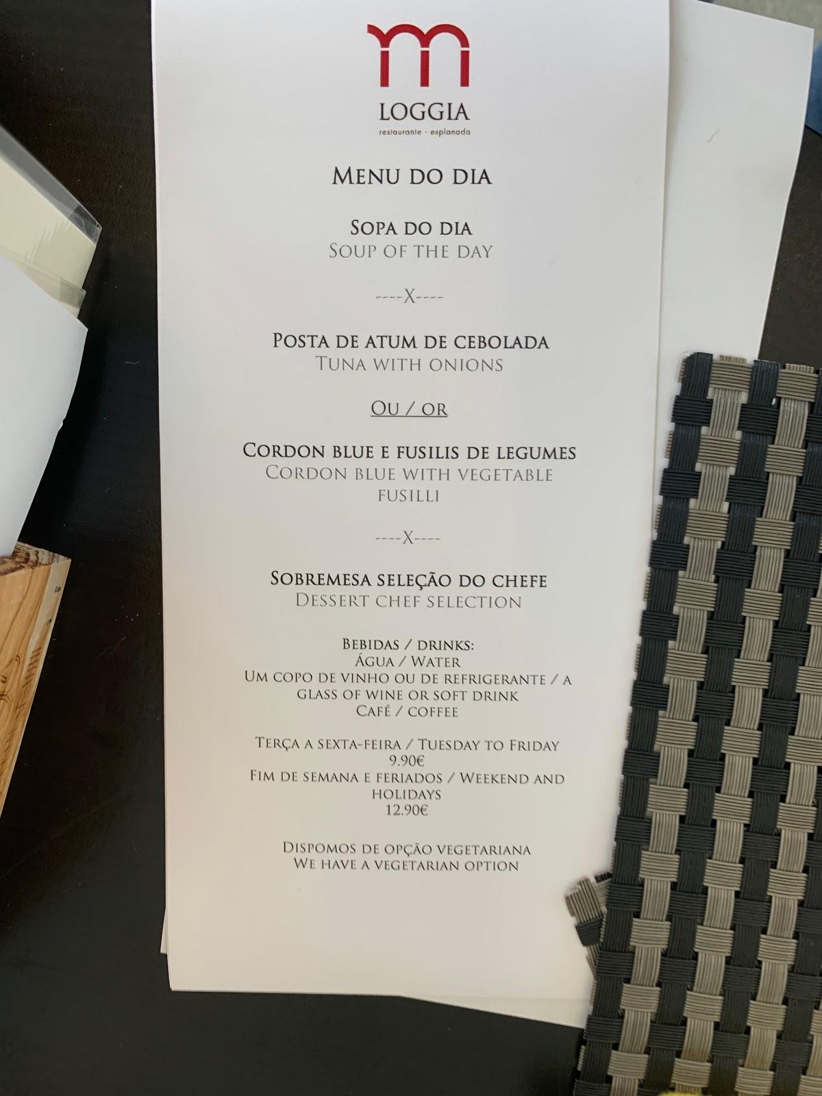 Menu at Loggia restaurant, Coimbra