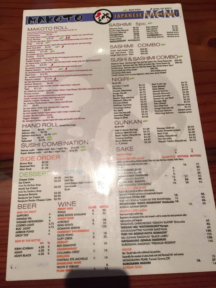 Menu at Makoto Japanese Restaurant, Eugene