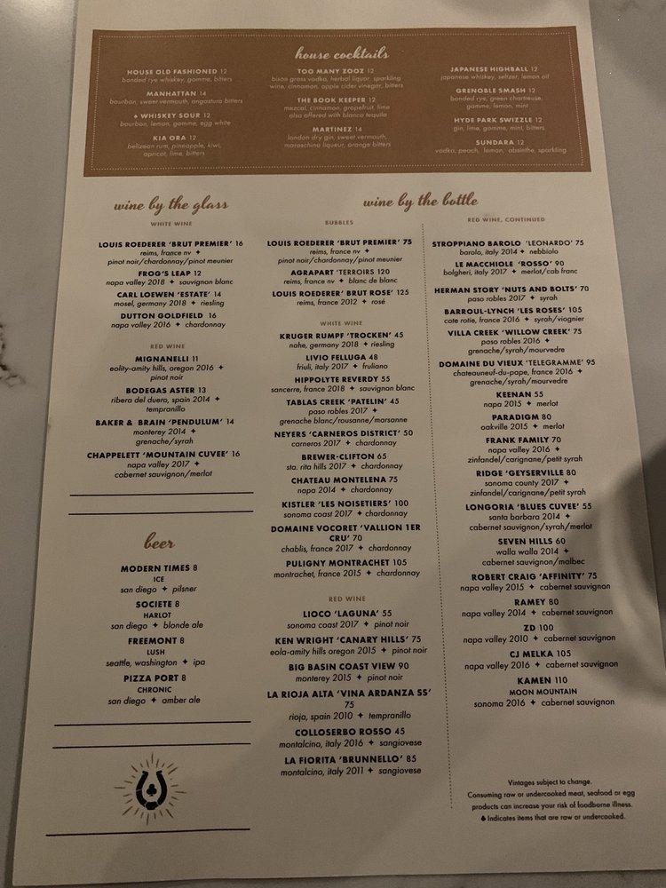 Menu at Rare Society steakhouse, San Diego