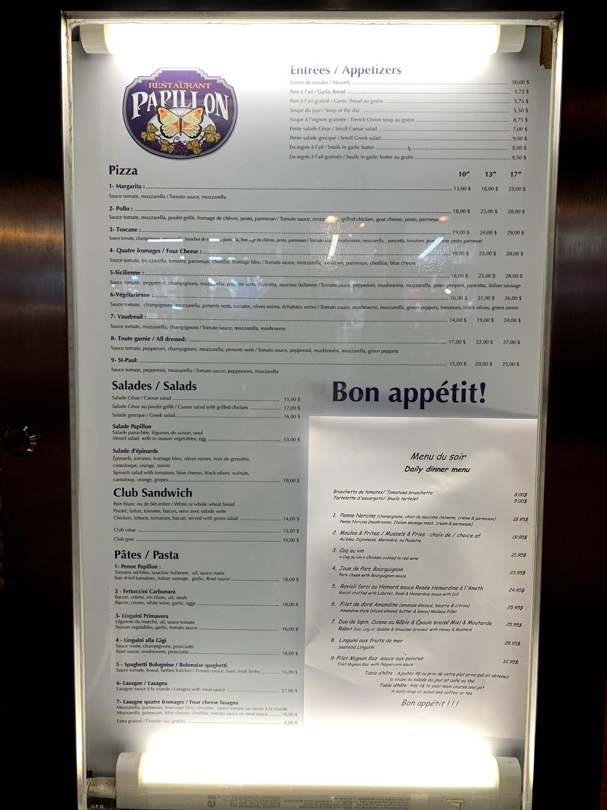 Menu at Restaurant Papillon, Montréal, 85 Rue Saint-Paul E