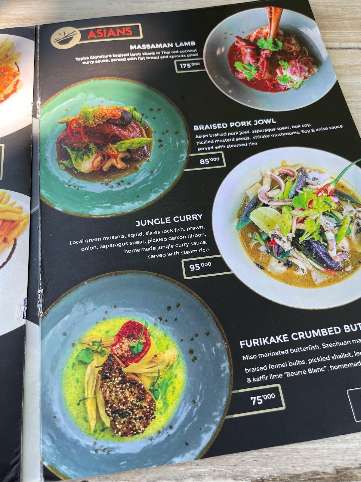 Menu at TAPHA restaurant, Denpasar