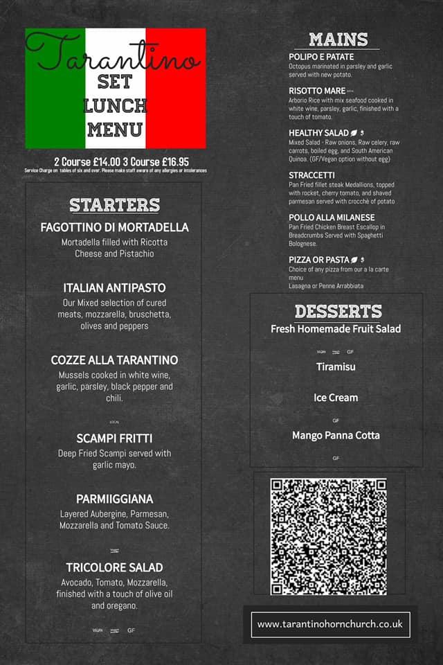Menu at Tarantino restaurant, Hornchurch