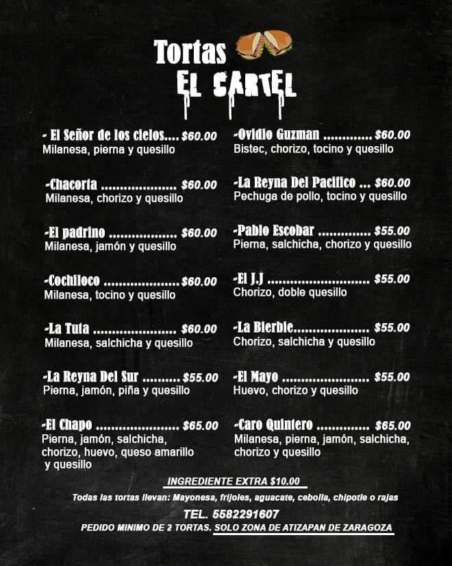 Menu at Tortas El Cartel restaurant, Mexico City