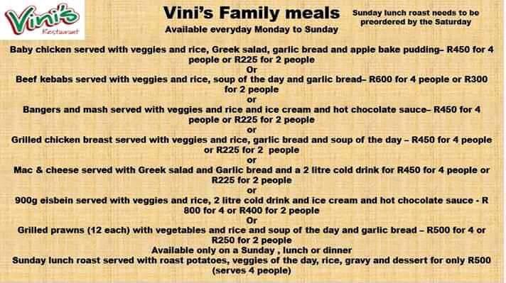 Menu at Vini's restaurant, Boksburg, Kings Rd