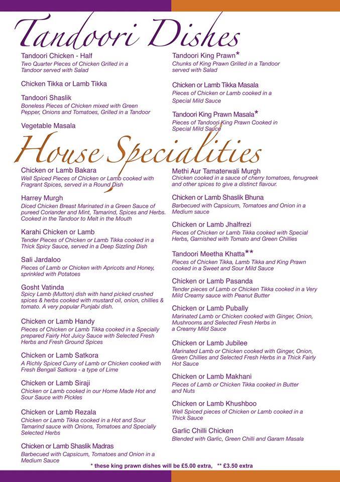 Menu at Vinodhon Tandoori restaurant, Hythe